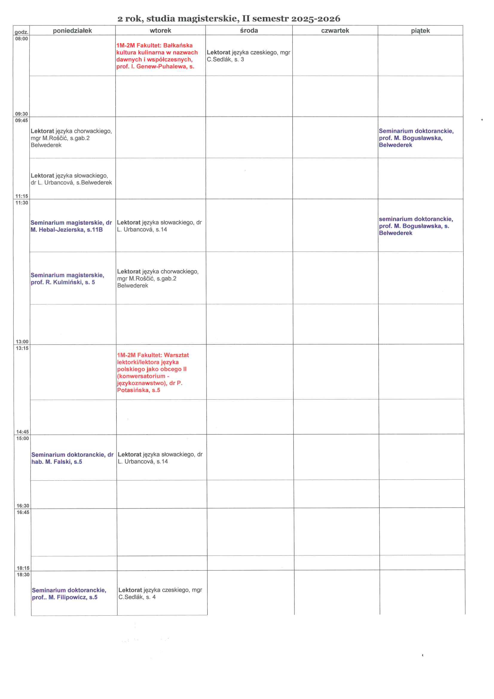 II rok, studia magisterskie 2025/2026, semestr letni – Instytut Slawistyki Zachodniej i Południowej